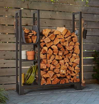 Indoor/Outdoor Tall Firewood Holder with Storage Rack | Rejuvenation