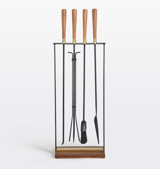 Mid-Century Brass & Walnut Rectangular Fireplace Tool Set | Rejuvenation