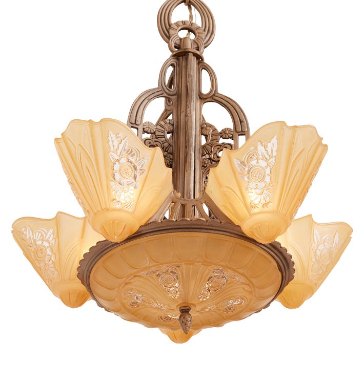 Five-Light Art Deco Slip Shade Chandelier with Floral Motif | Rejuvenation