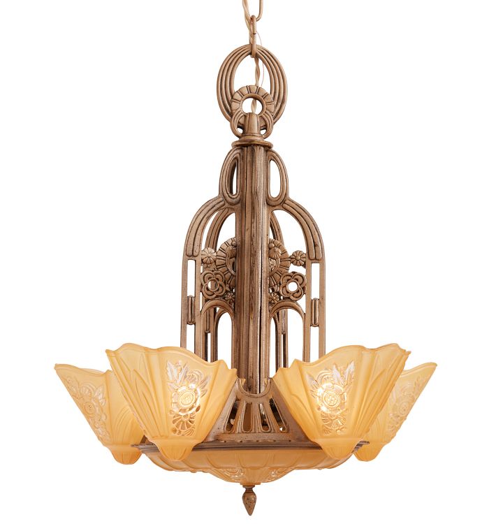 Five-Light Art Deco Slip Shade Chandelier with Floral Motif | Rejuvenation