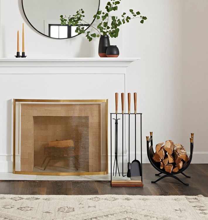 Mid-Century Brass & Walnut Rectangular Fireplace Tool Set | Rejuvenation