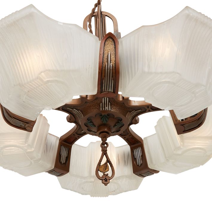 Vintage 5-Light Art Deco Slipper Shade Chandelier with Polychrome ...