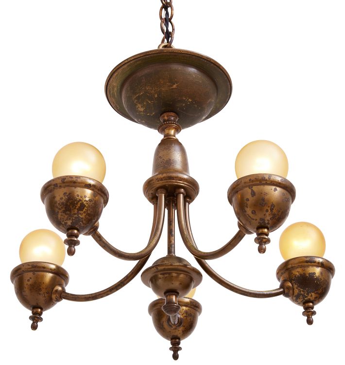 Vintage 5-Light Bare Bulb Chandelier with Original Patinated Brass ...