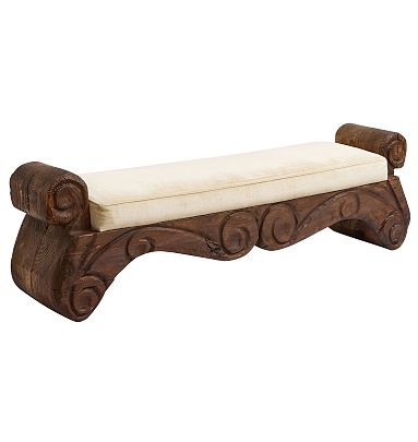 Vintage Tiki-Chic Carved Bench with Chenille Cushion by Witco ...