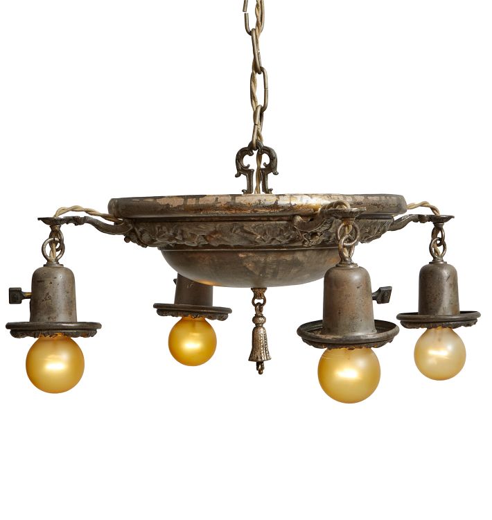 Vintage 4-Light Classical Revival Bare Bulb Chandelier with Worn Silver ...