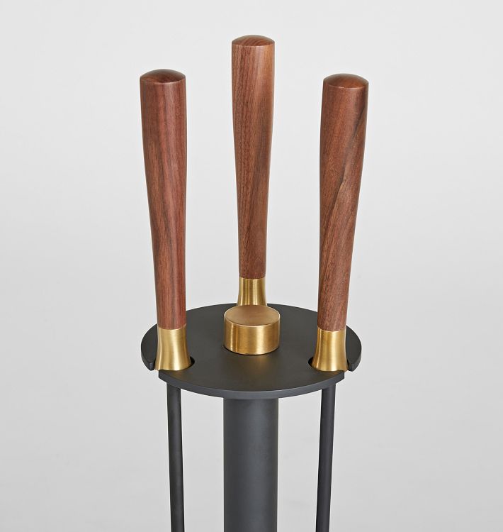 Mid-Century Brass & Walnut Round Fireplace Tool Set | Rejuvenation