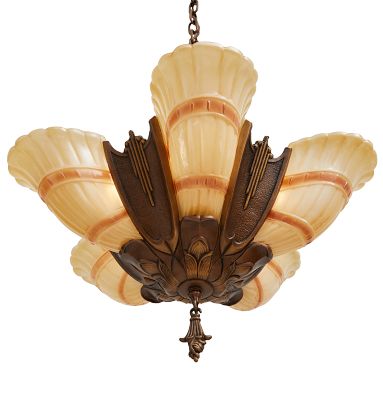 Vintage 5-Light Art Deco Chandelier with Duotone Slipper Shades ...