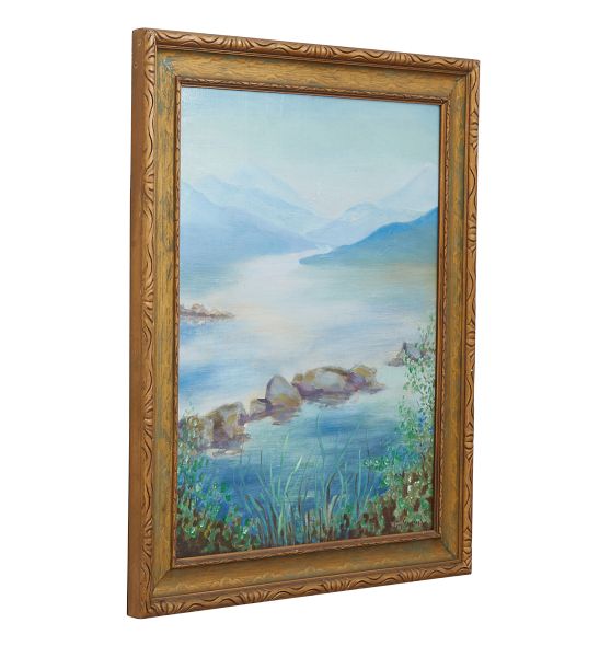 Oil on Canvas Alpine Lake Scene with Carved Frame | Rejuvenation