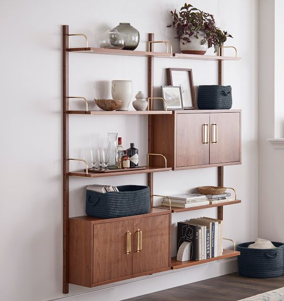 Hart Modular Walnut Double Shelving Unit with Double Cabinets Oil Rubbed Bronze
